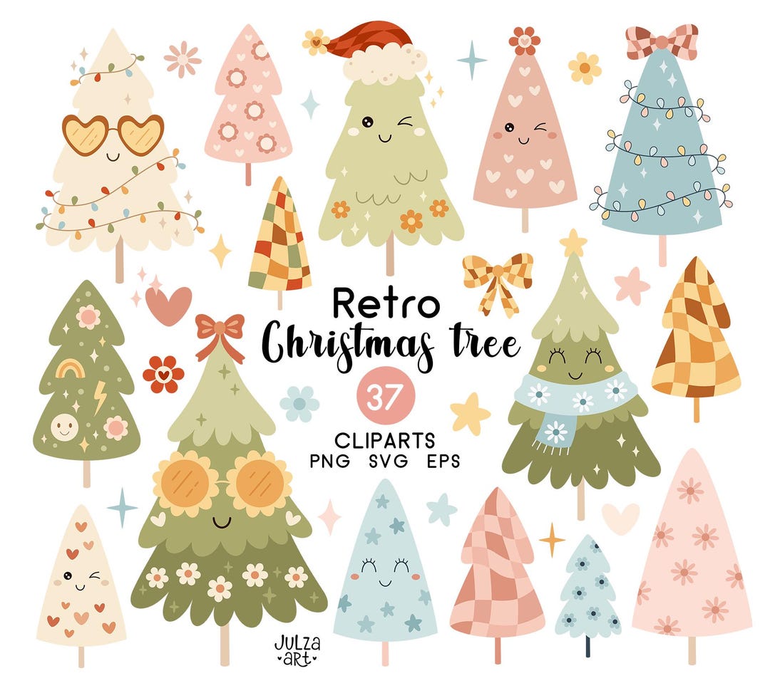 Retro Christmas Tree Clipart: Merry Christmas SVG PNG, Groovy Holiday ...