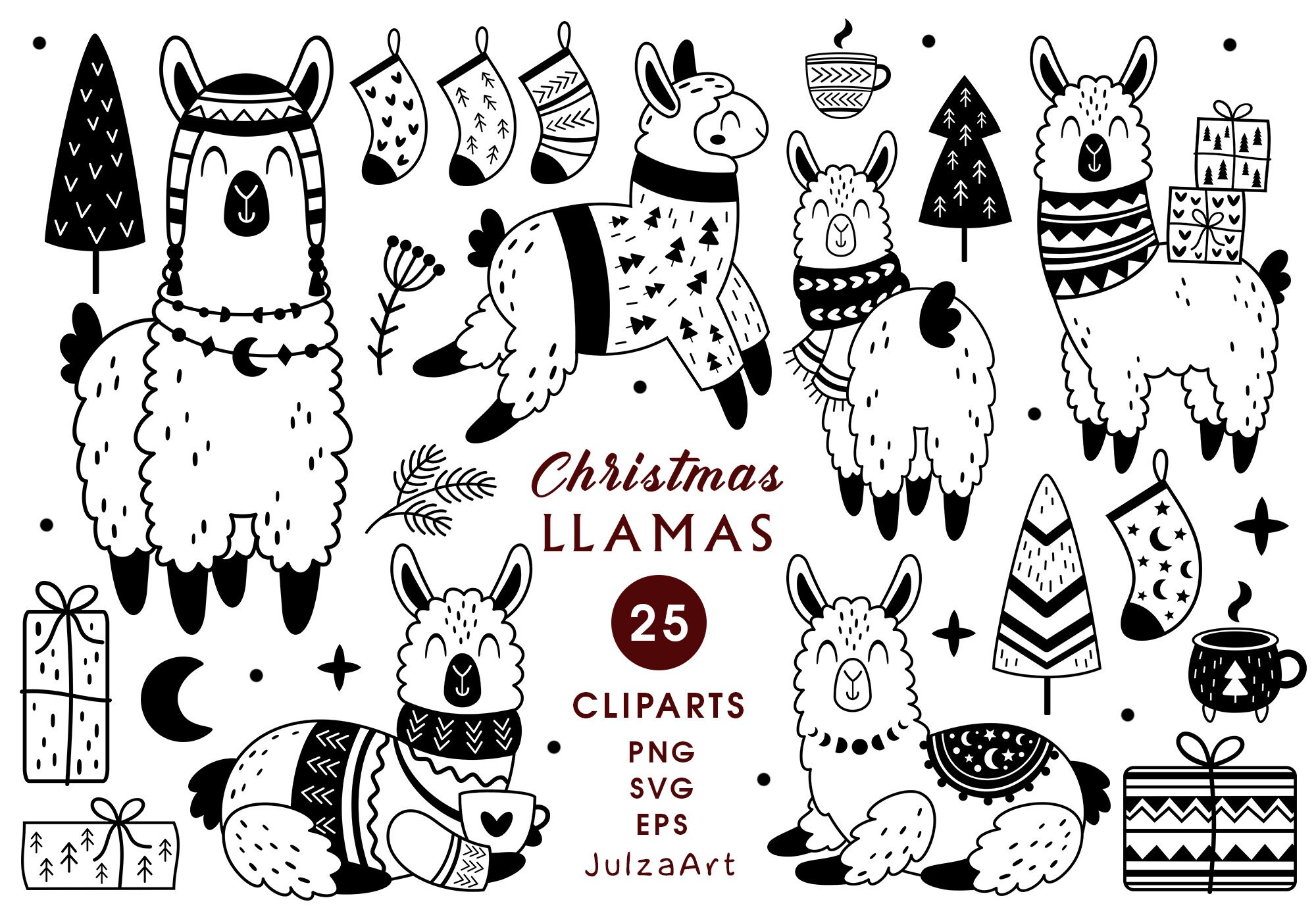 Christmas Llama Clipart: Black and White Winter Animal SVG, Christmas ...