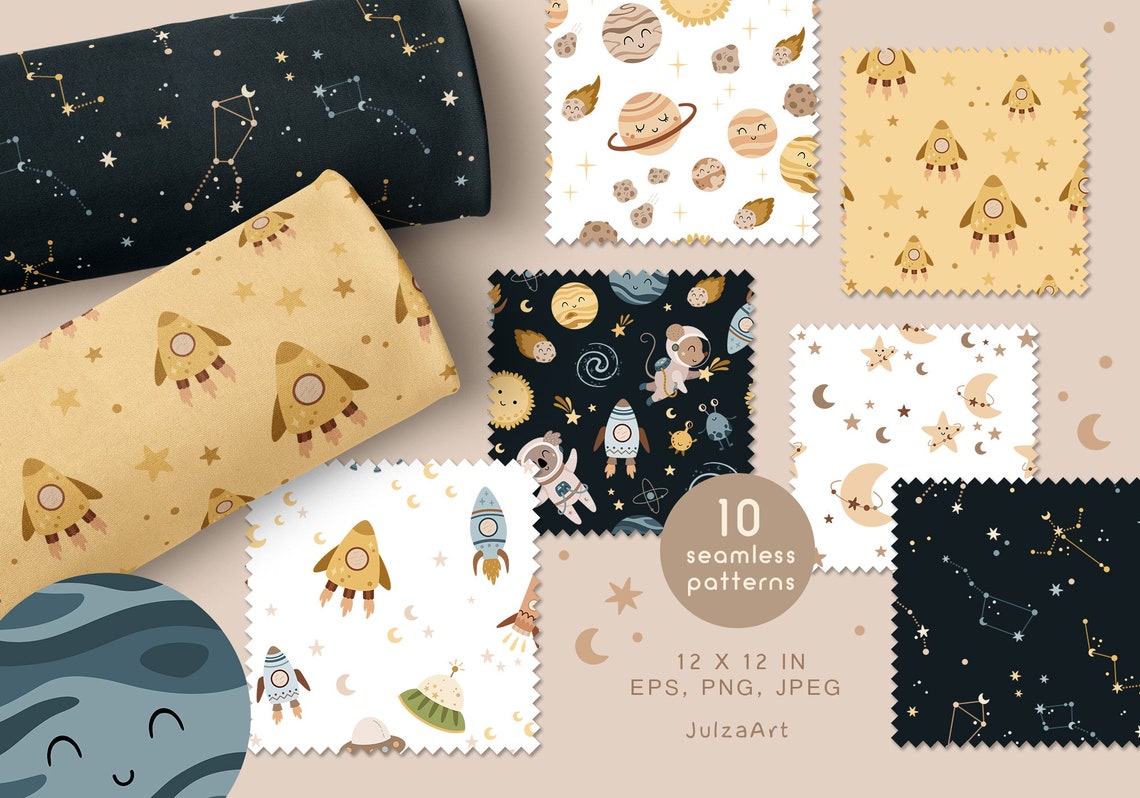 Space Seamless Pattern, Planets Digital Paper, Baby Shower, Astronaut ...