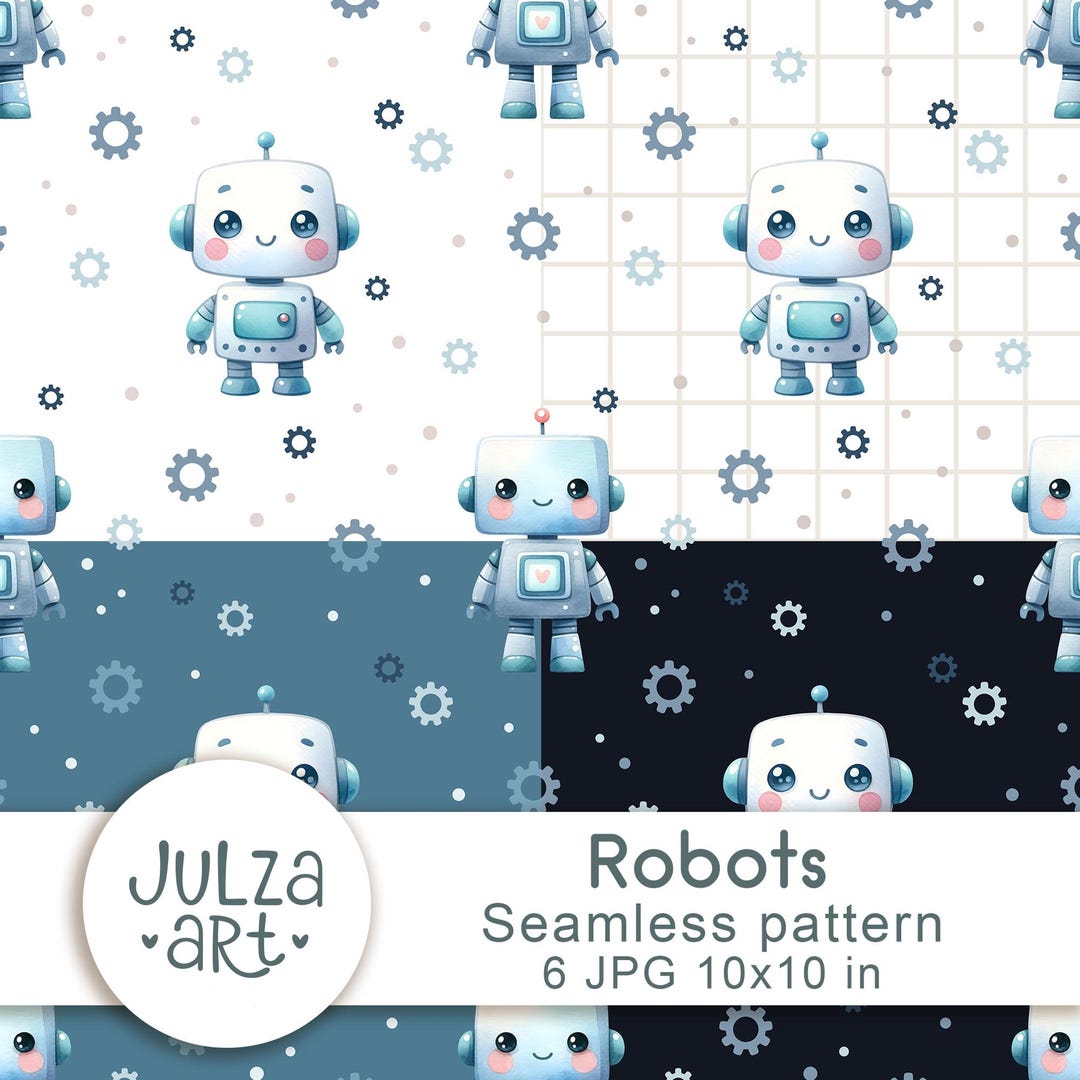 Watercolor Robot Seamless Pattern, Cute Robot Digital Paper, Robot ...