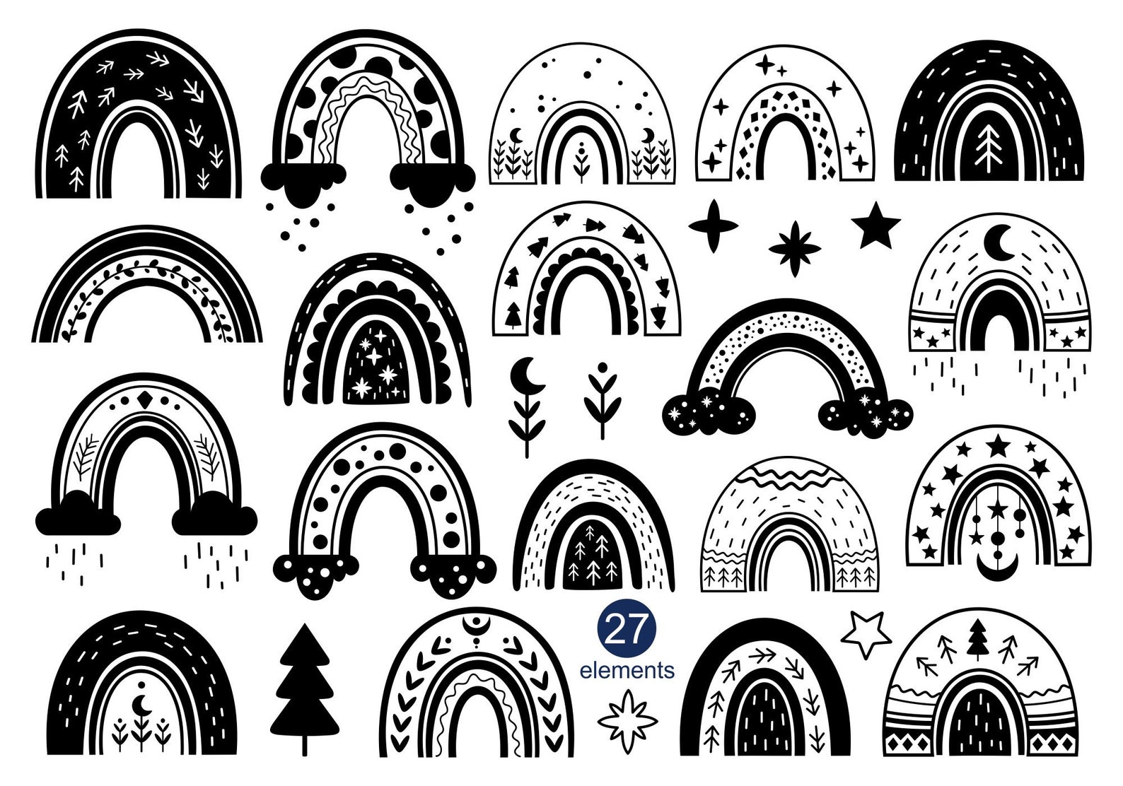 Winter Rainbow Clipart Black and White Rainbows Svg | Etsy