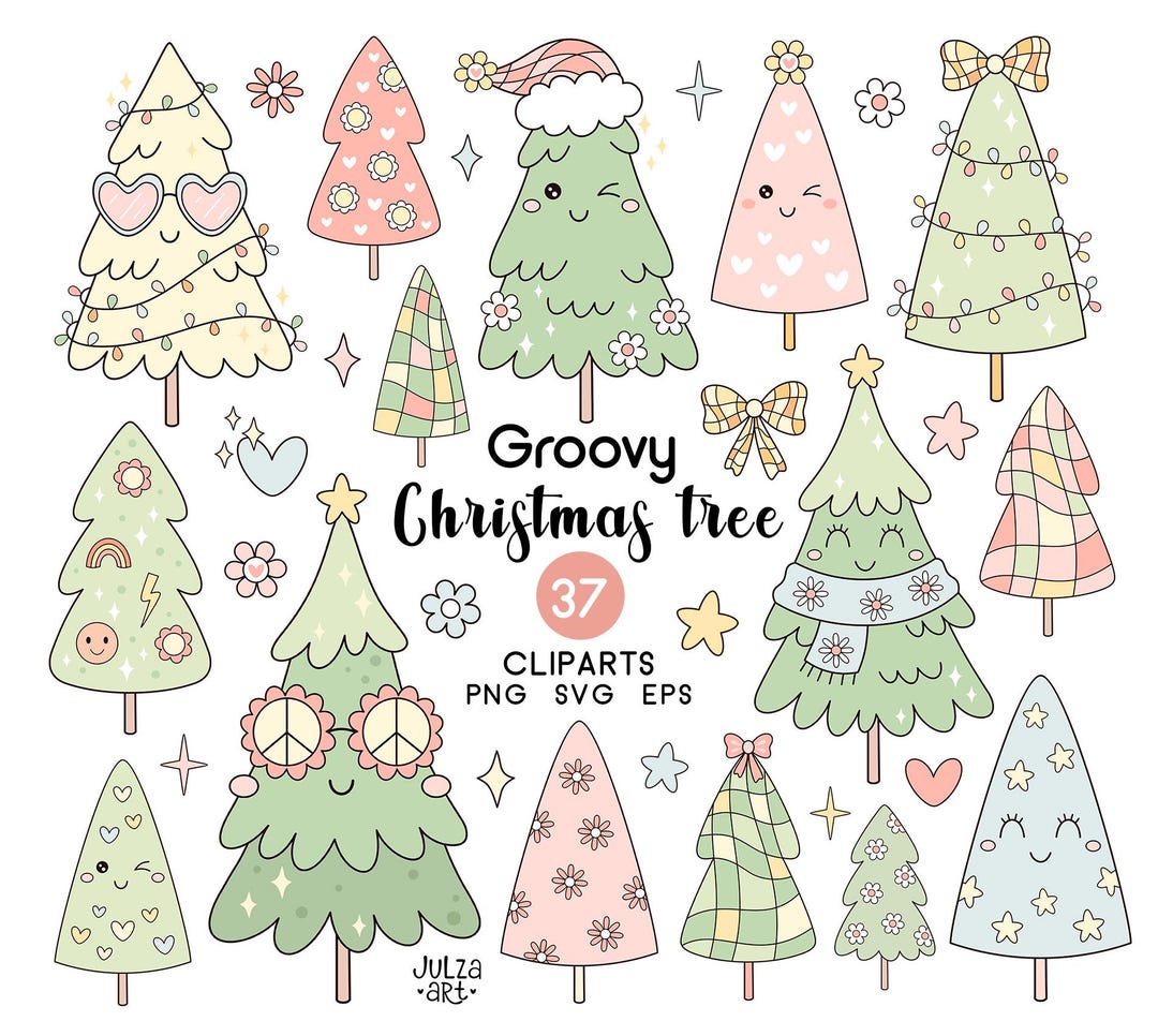 Retro Christmas Tree Clipart: Merry Christmas SVG PNG, Groovy Holiday ...