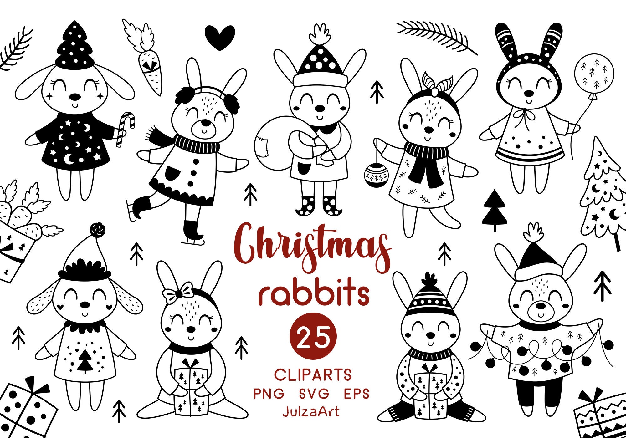 Christmas Clipart Christmas Rabbit Svg Black Christmas Bunny - Etsy