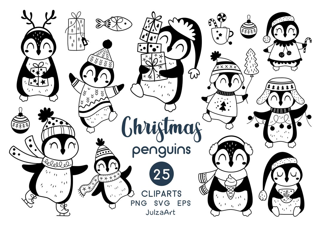 Christmas Penguin Clipart: Black and White Winter Animal, Holiday ...