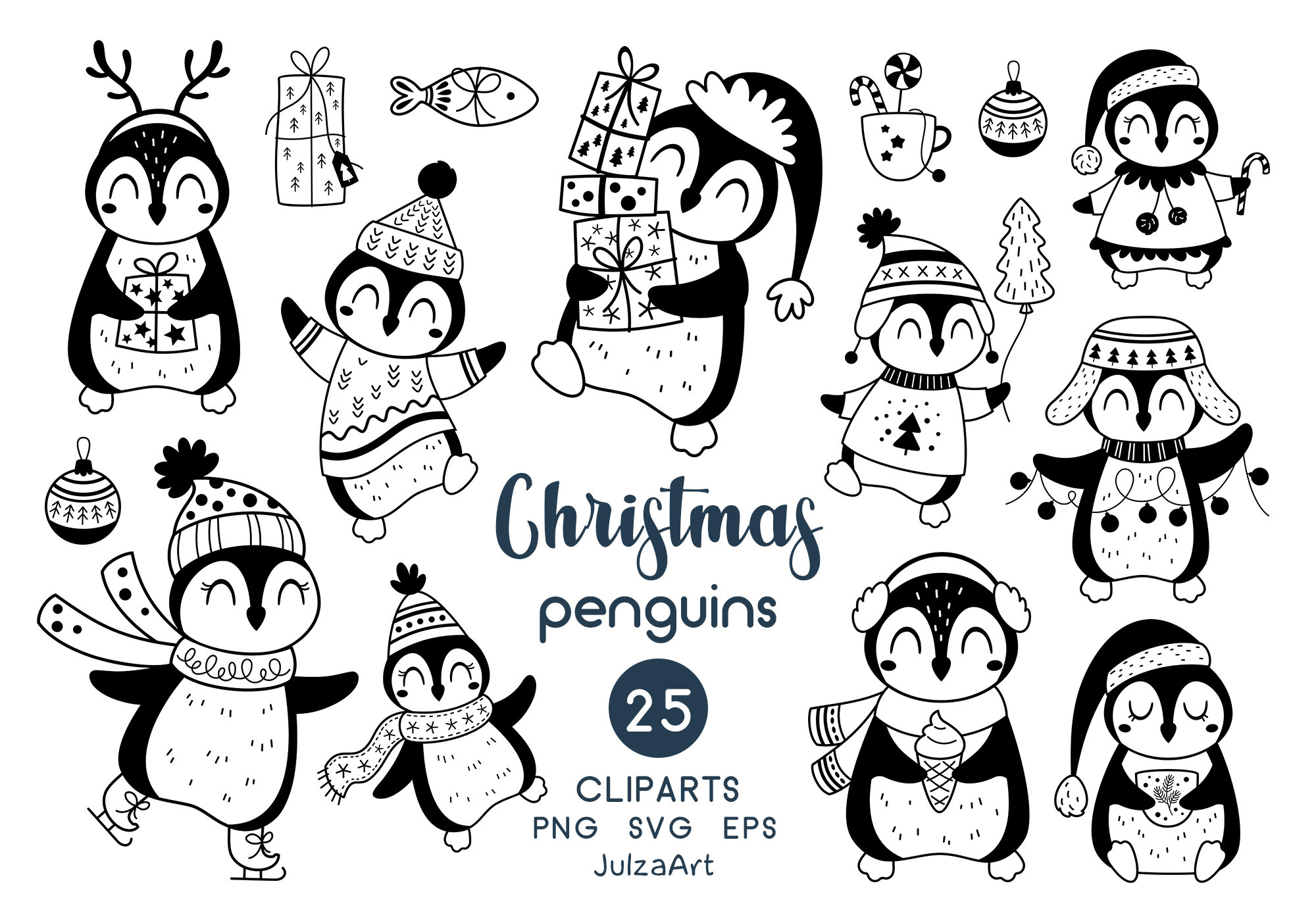 Christmas Penguins Svg Christmas Clipart Black and White - Etsy