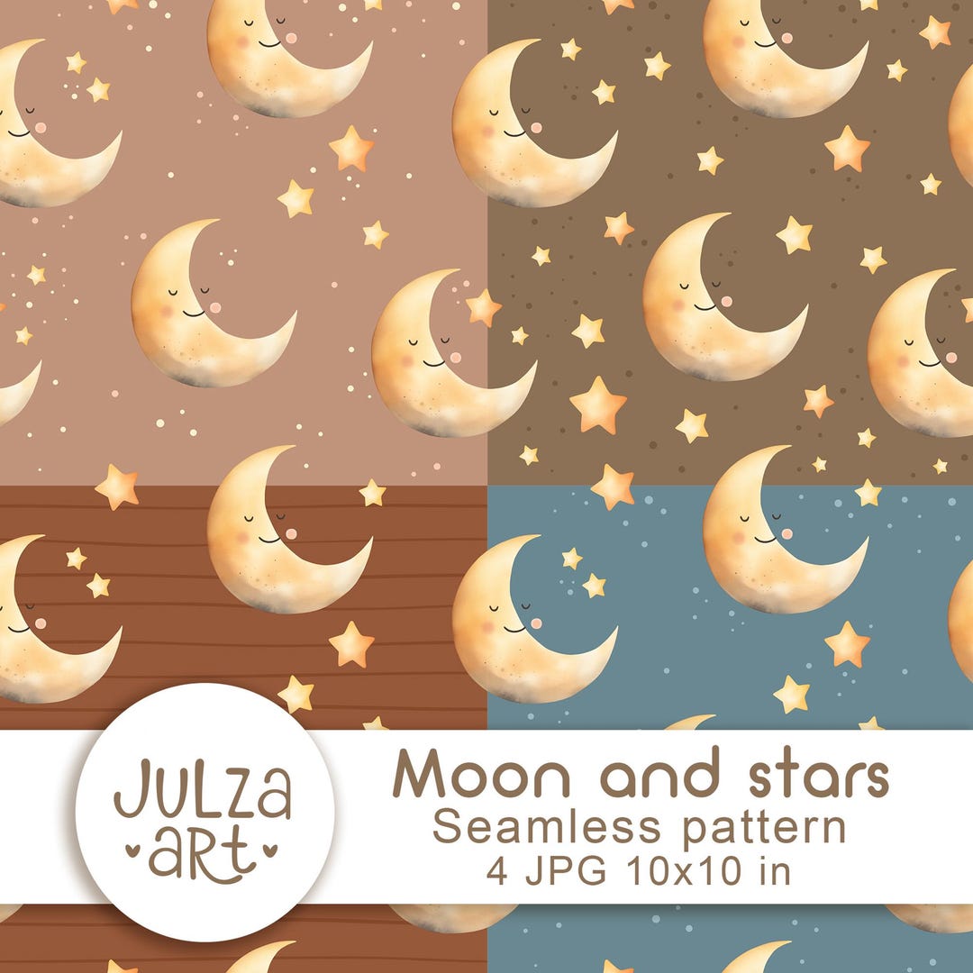 Watercolor Moon and Stars Seamless Pattern, Cute Moon Digital Paper ...