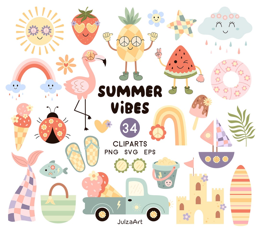 Retro Summer Clipart: Groovy Beach Vibes, Hello Summer PNG, SVG ...