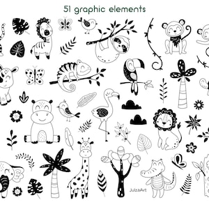 Jungle Animals Clipart, Black and White Tropical Svg, Safari Animals ...
