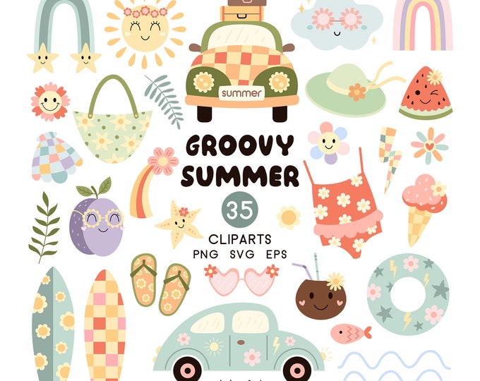 Retro Summer Clipart: Groovy Beach SVG, Hello Summer PNG, Cartoon ...