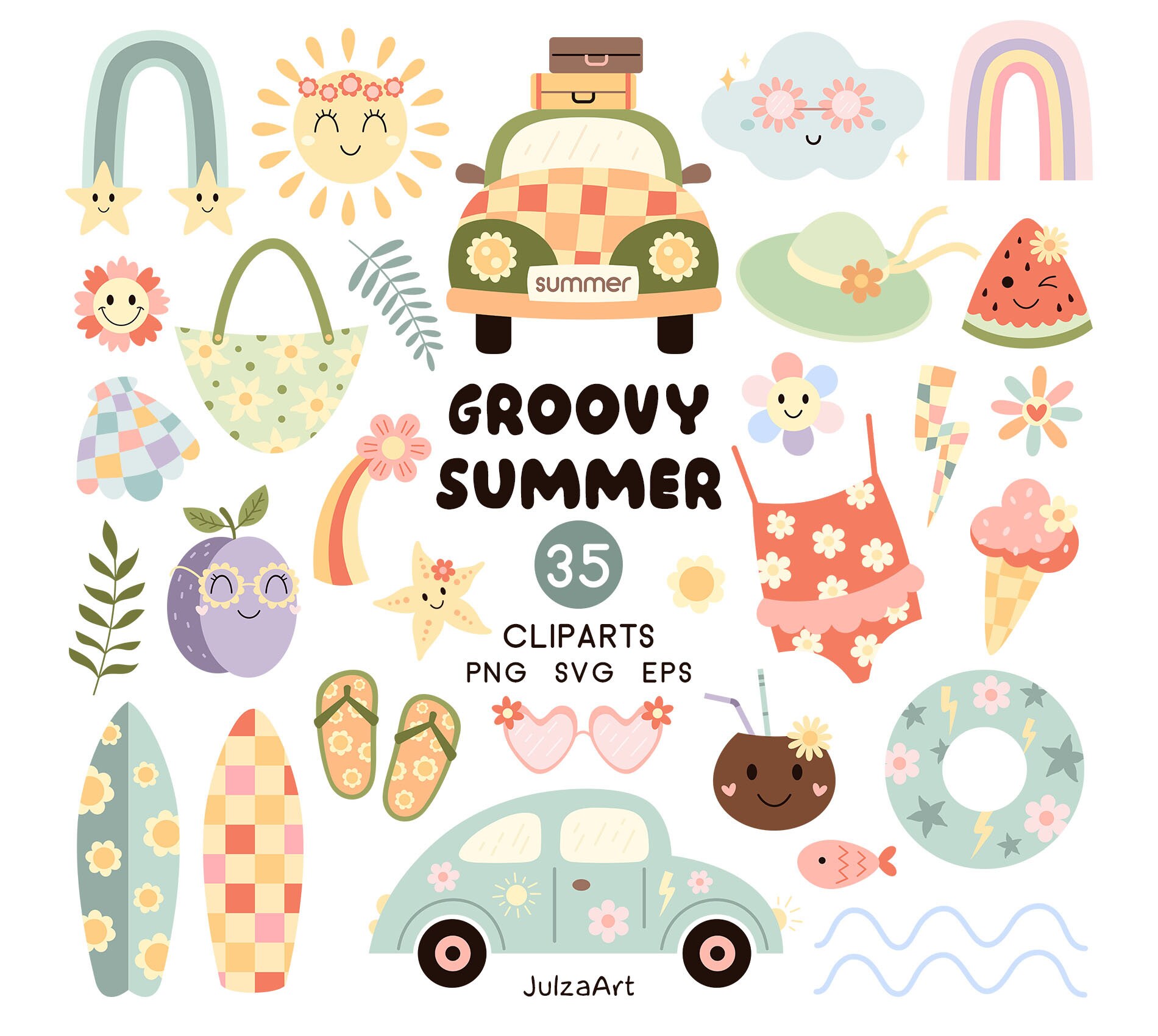 Retro Summer Clipart: Groovy Beach SVG, Hello Summer PNG, Cartoon ...