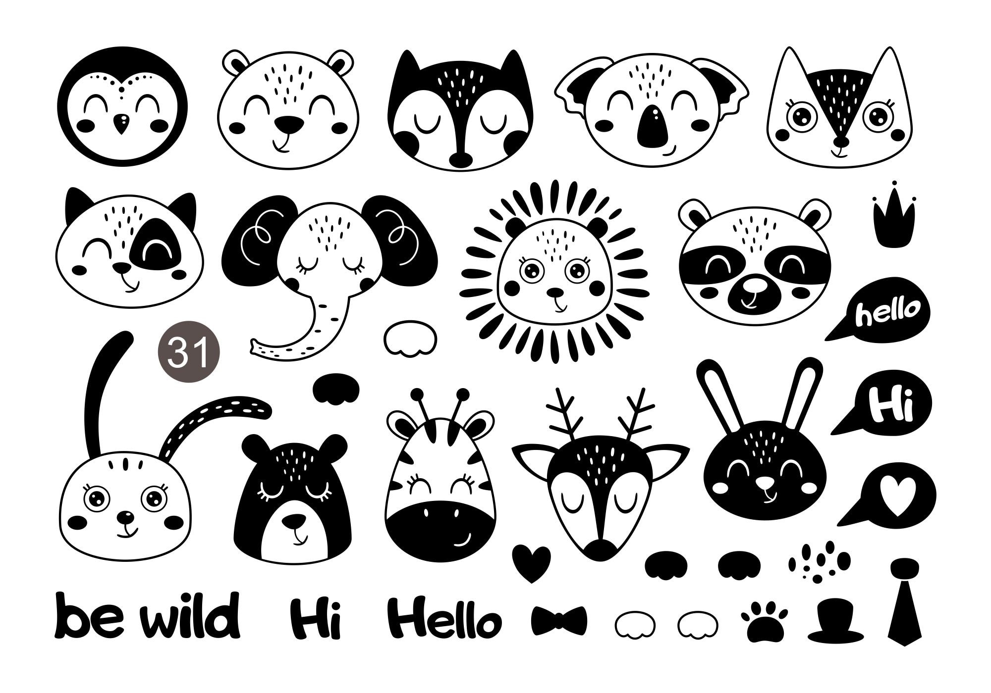 Cute Animals Svg, Black and White Animal Faces Clipart, Woodland ...