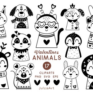 Animal Clipart, Black and White Animal Valentines Clipart, Valentines ...