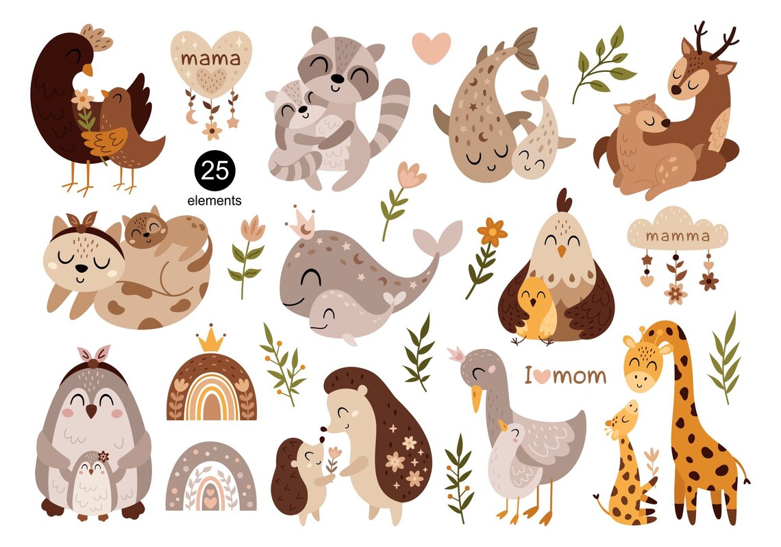 Mom and Baby Animals Clipart: Woodland PNG SVG EPS (digital Download ...