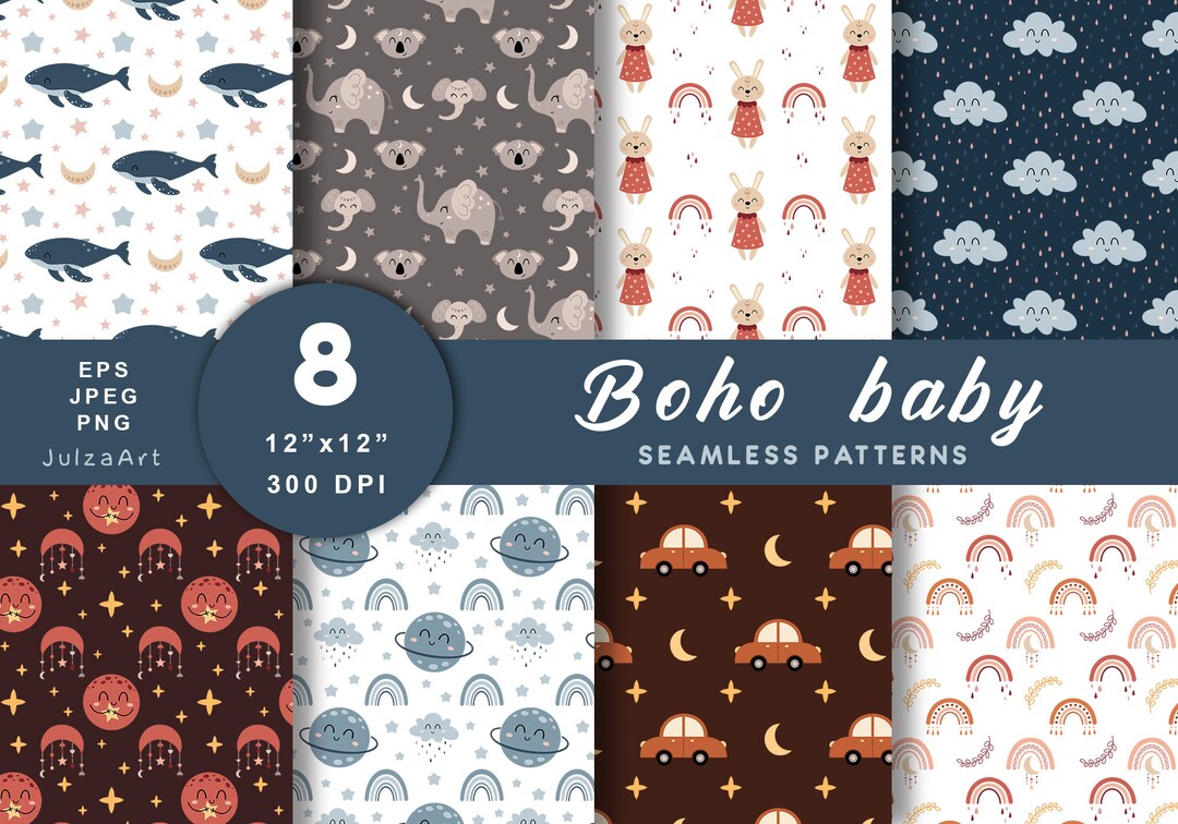 Boho Baby Seamless Pattern, Bohemian Digital Paper, Baby Shower, Animal ...