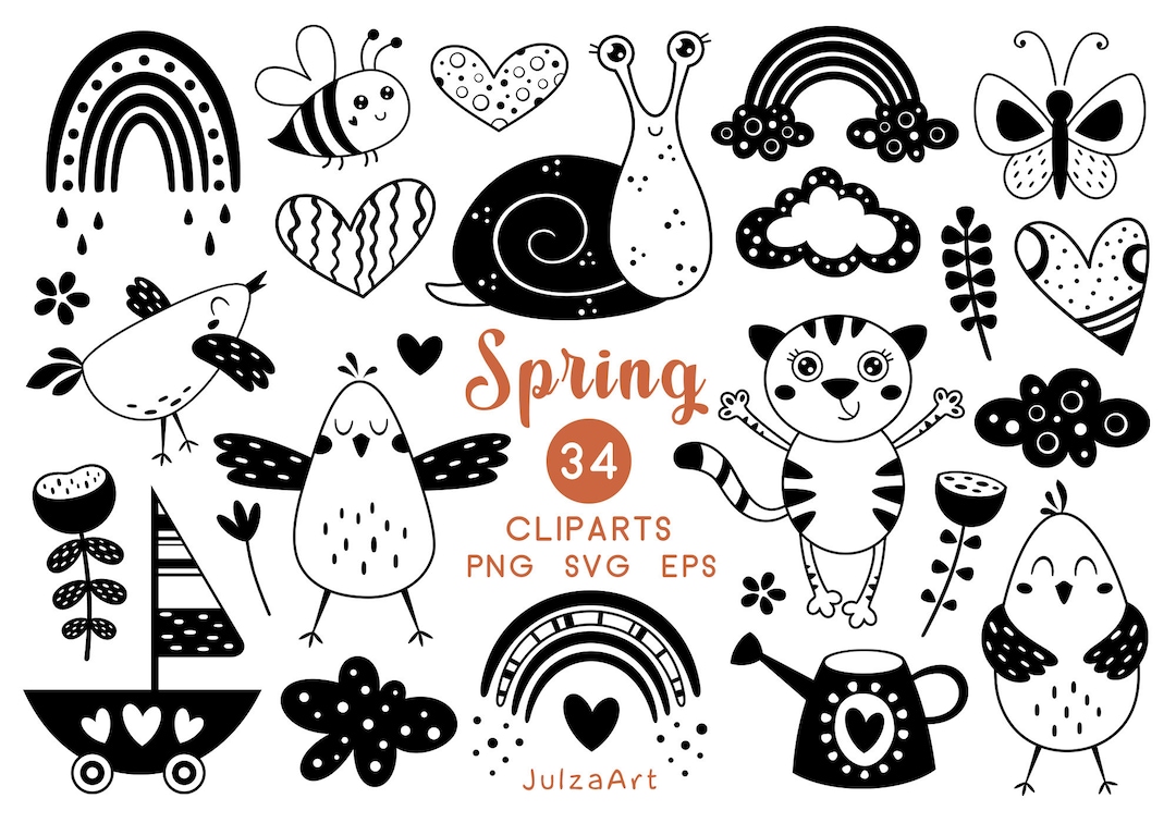 Spring Clipart Set: Black and White Floral, Animals, Birds, Butterfly ...