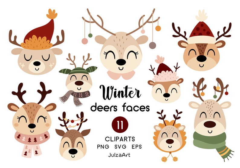 Christmas Deer Clipart: Winter Animal Faces, Holiday Woodland Character ...