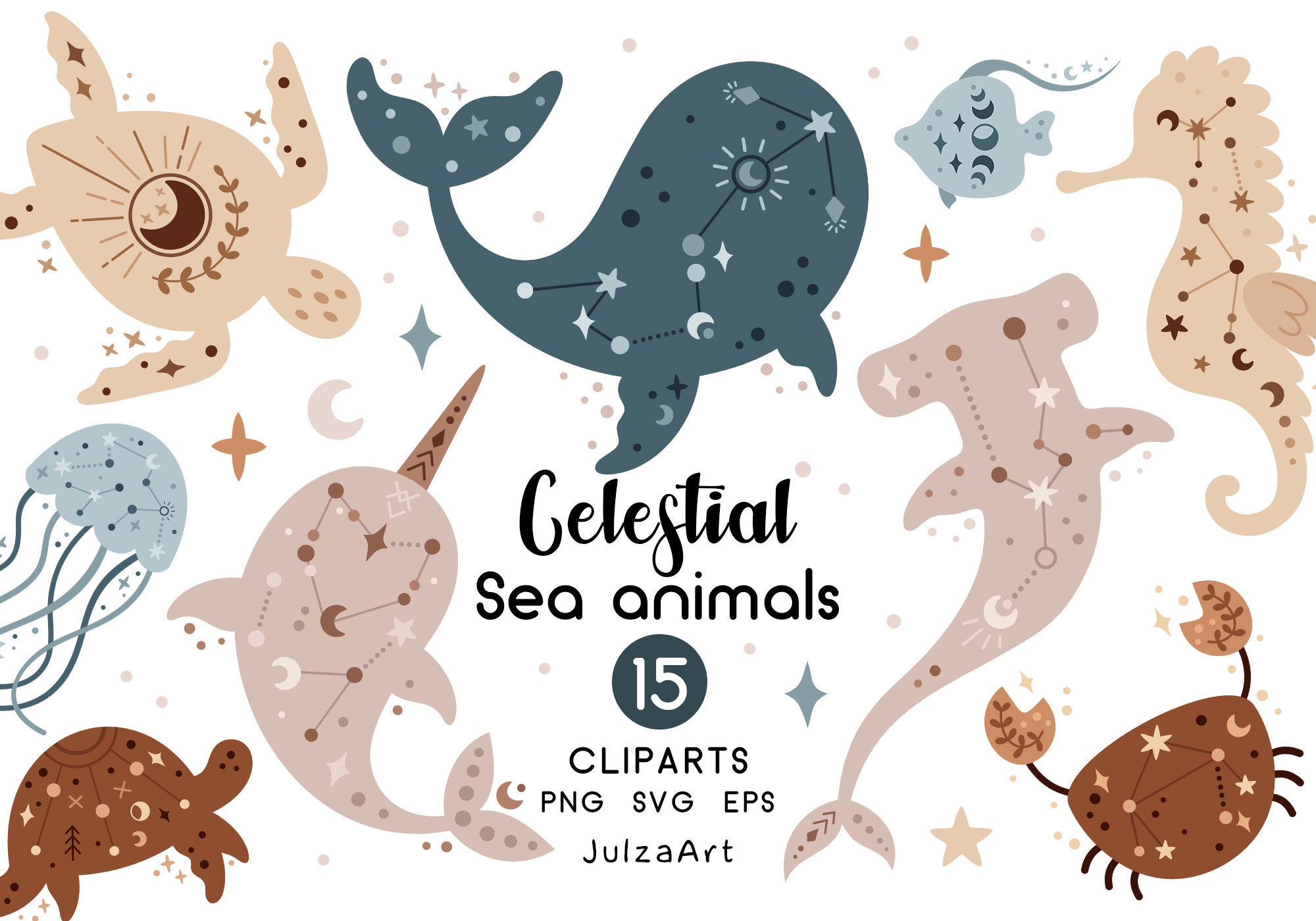 Celestial Sea Animals Clipart: Boho Ocean SVG, Nautical PNG, Summer ...