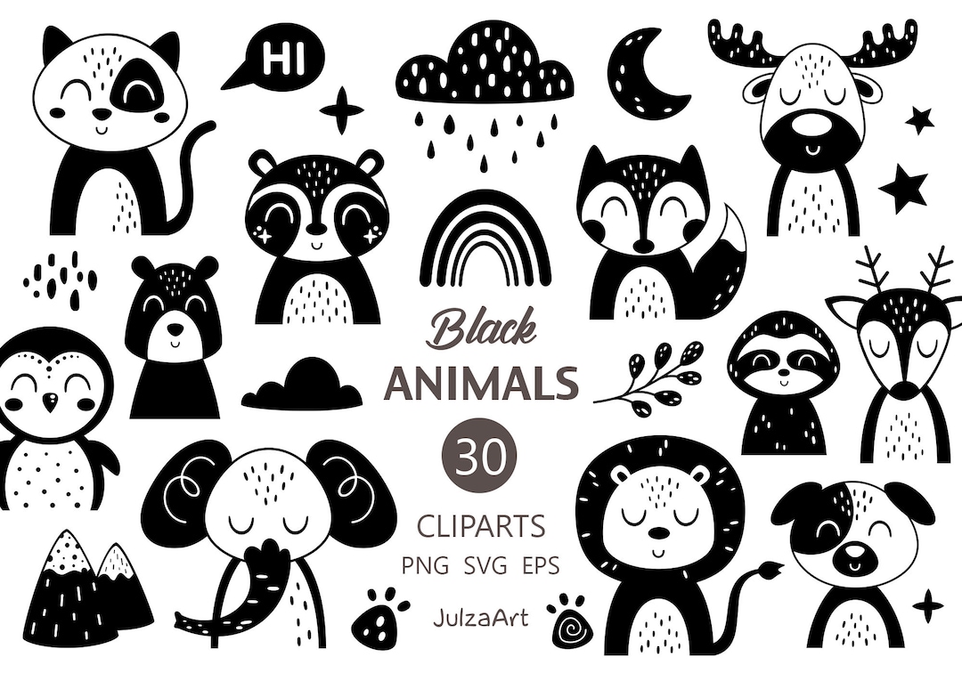 Black and White Animal Clipart, Scandinavian Woodland Animals Svg, Zoo ...