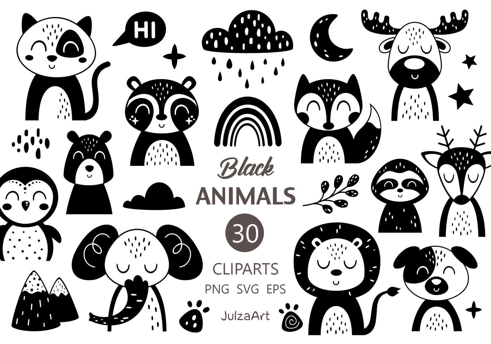 Black and White Animal Clipart, Scandinavian Woodland Animals Svg, Zoo ...