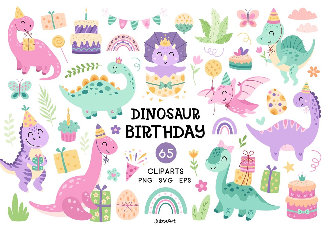 Dinosaur Birthday Clipart Set: Kawaii Dinosaur SVG, Happy Birthday Girl ...
