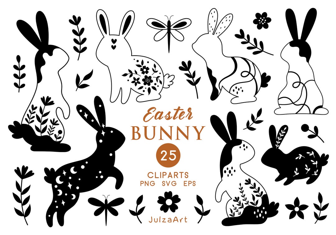 Easter Bunny Clipart: Black and White Spring Rabbit and Floral PNG SVG ...