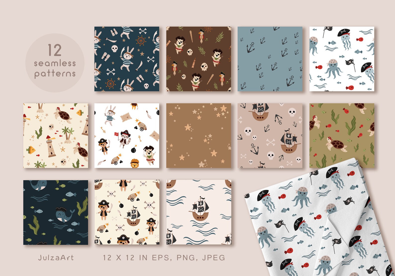 Pirates Animals Digital Paper Set, Kids Nautical Seamless Pattern, Cute ...