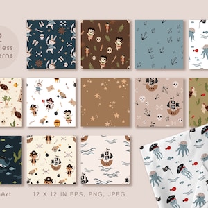 Pirates Animals Digital Paper Set, Kids Nautical Seamless Pattern, Cute ...