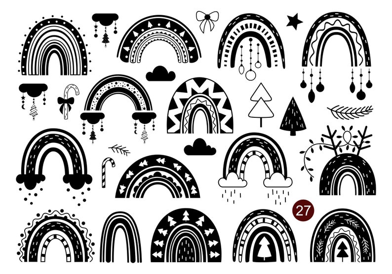 Christmas Rainbow Clipart Black and White Rainbows Svg | Etsy