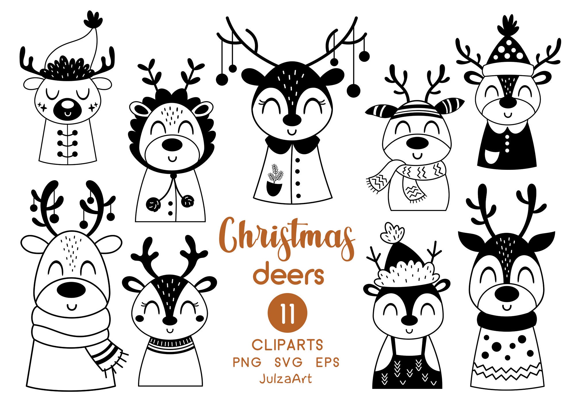 Christmas Deer Clipart: Black and White Winter Animal PNG SVG, Holiday ...