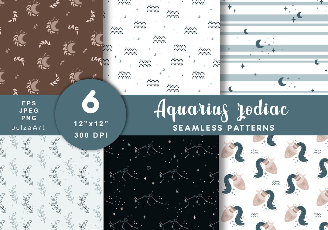 Aquarius Pattern, Aquarius Zodiac Seamless Pattern, Zodiac Sign Digital ...