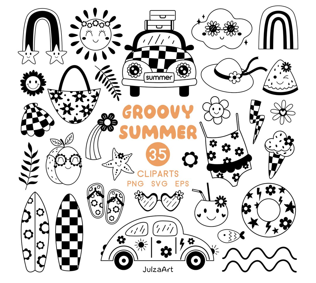 Summer Png, Retro Summer Clipart, Black and White Summer Svg, Groovy ...