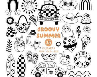 Summer Png, Retro Summer Clipart, Black and White Summer Svg, Groovy ...