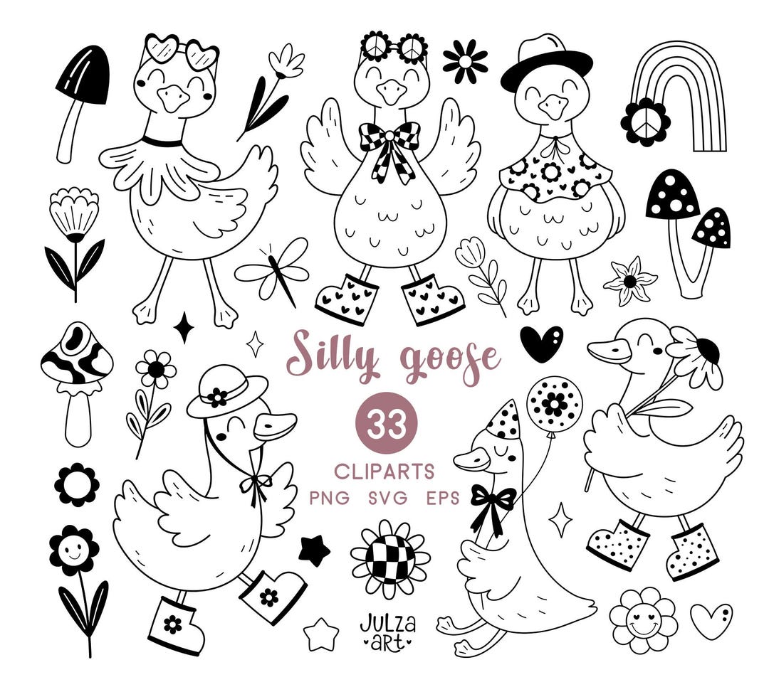 Silly Goose Clipart, Black and White Goose Svg, Groovy Goose Png, Funny ...