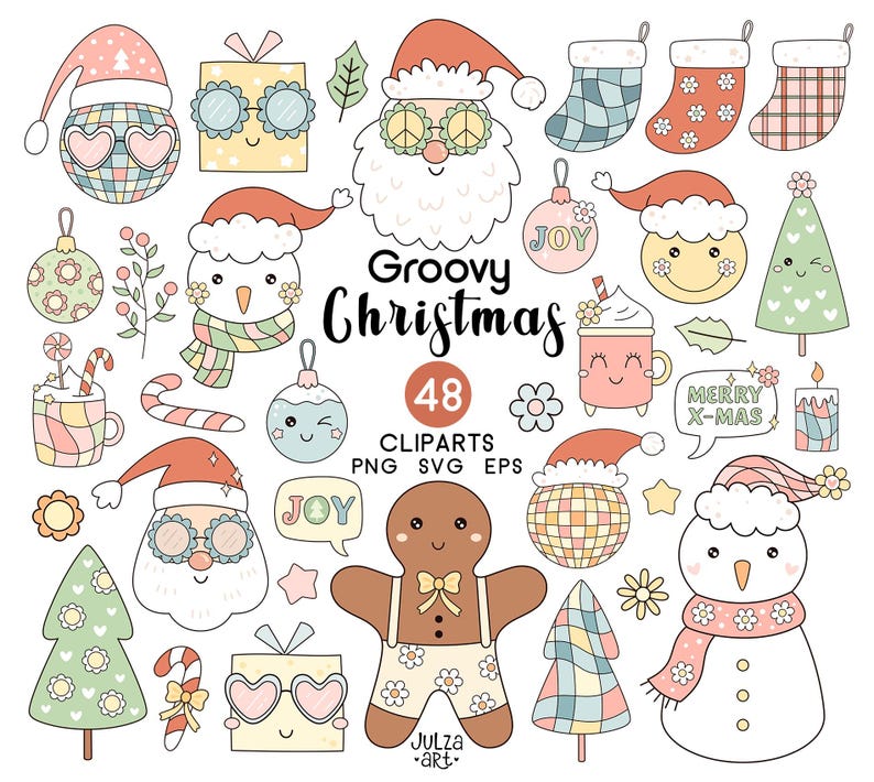 Groovy Christmas Clipart: Merry Christmas Tree PNG, Retro Santa SVG ...