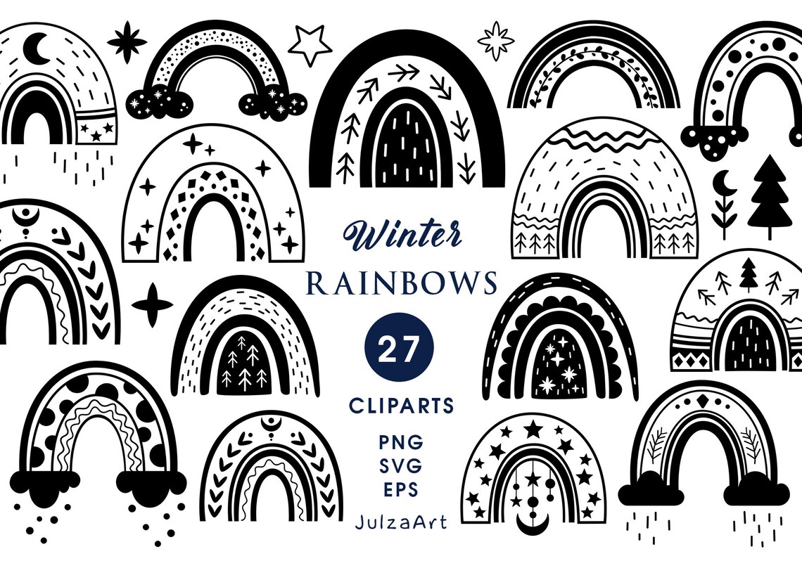 Winter Rainbow Clipart Black and White Rainbows Svg | Etsy