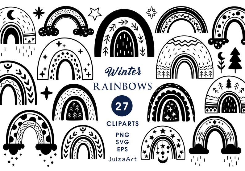Winter Rainbow Clipart, Black and White Rainbows Svg, Scandinavian ...