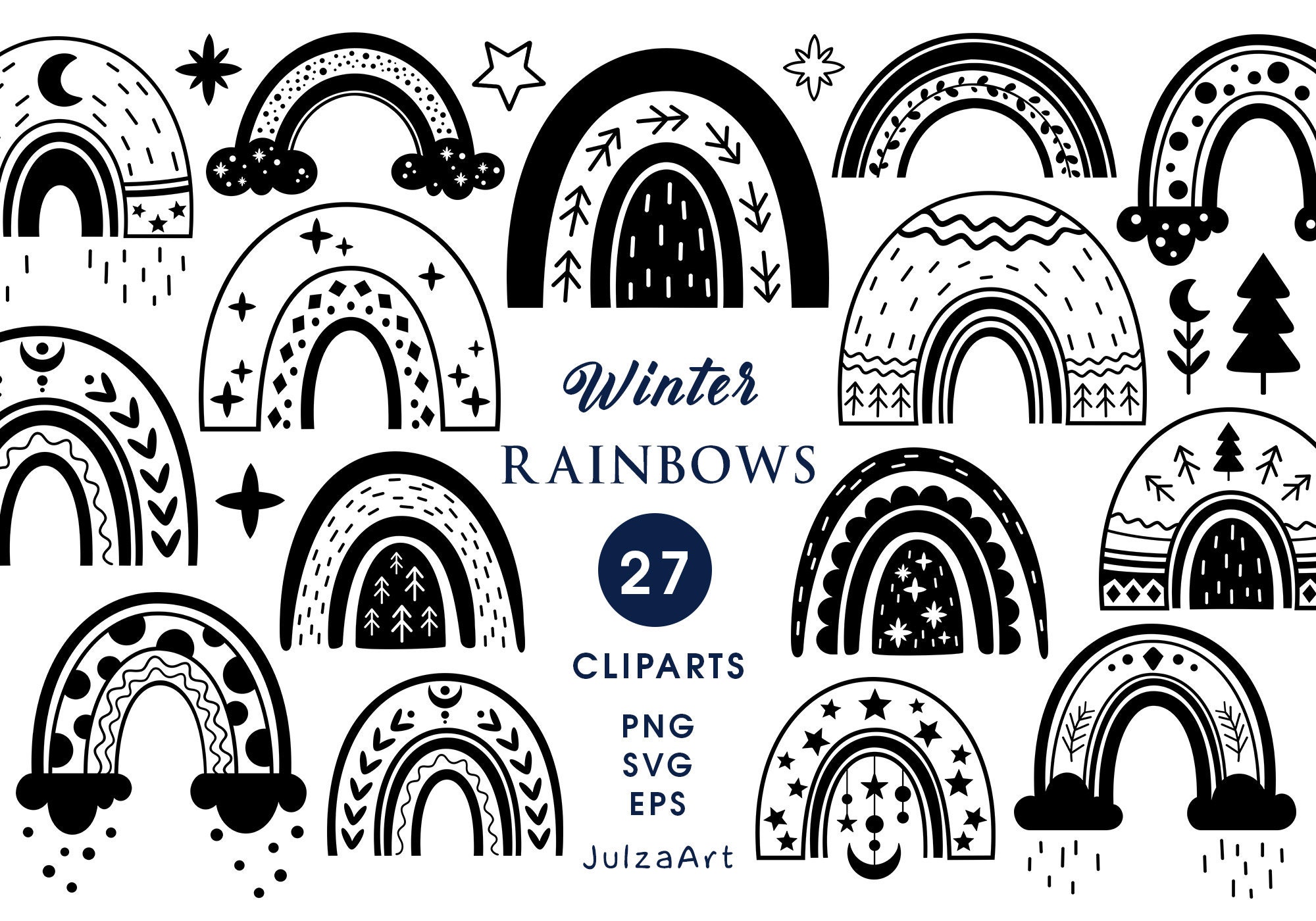 Winter Rainbow Clipart Black and White Rainbows Svg | Etsy