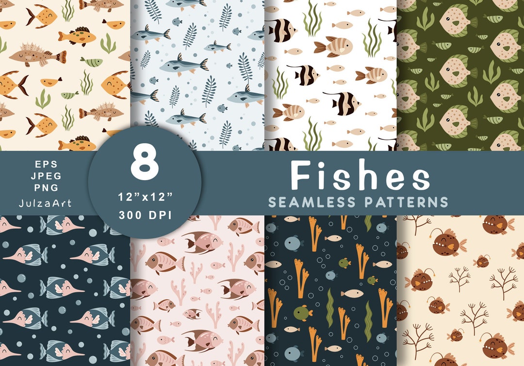 Fish Seamless Pattern, Boho Fishes Pattern, Nautical Digital Paper ...