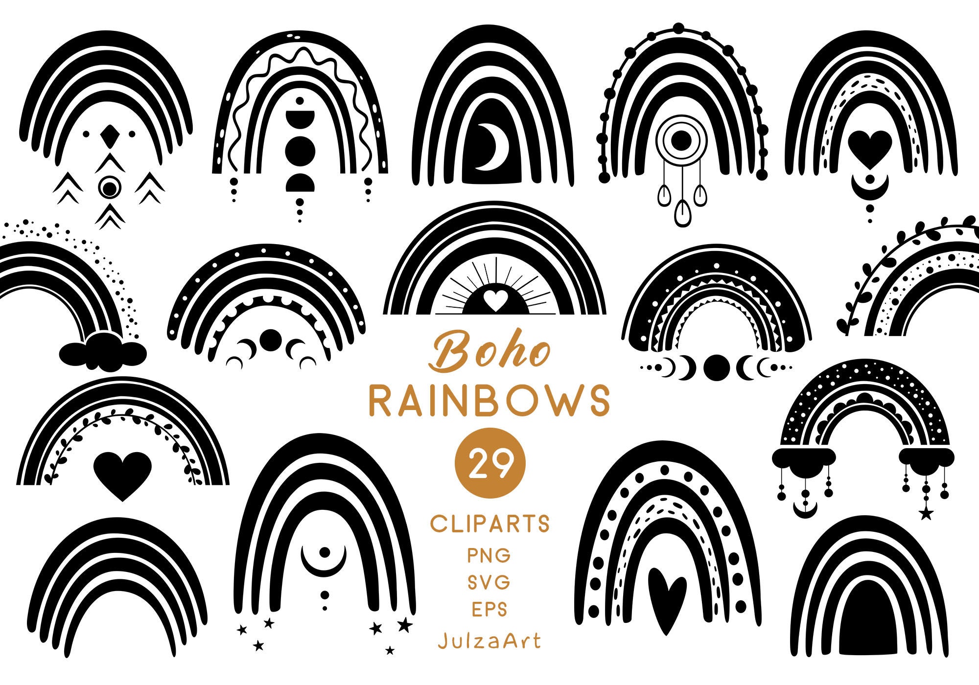 Rainbow Clipart Boho Rainbow Svg Baby Shower Black and - Etsy