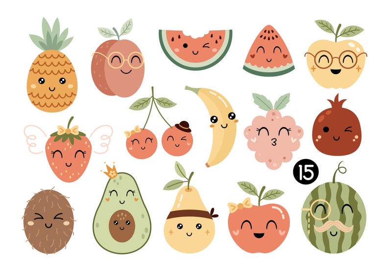 Fruit Svg, Cute Fruit Clipart, Kawaii Fruit Png, Tropical Fruits ...