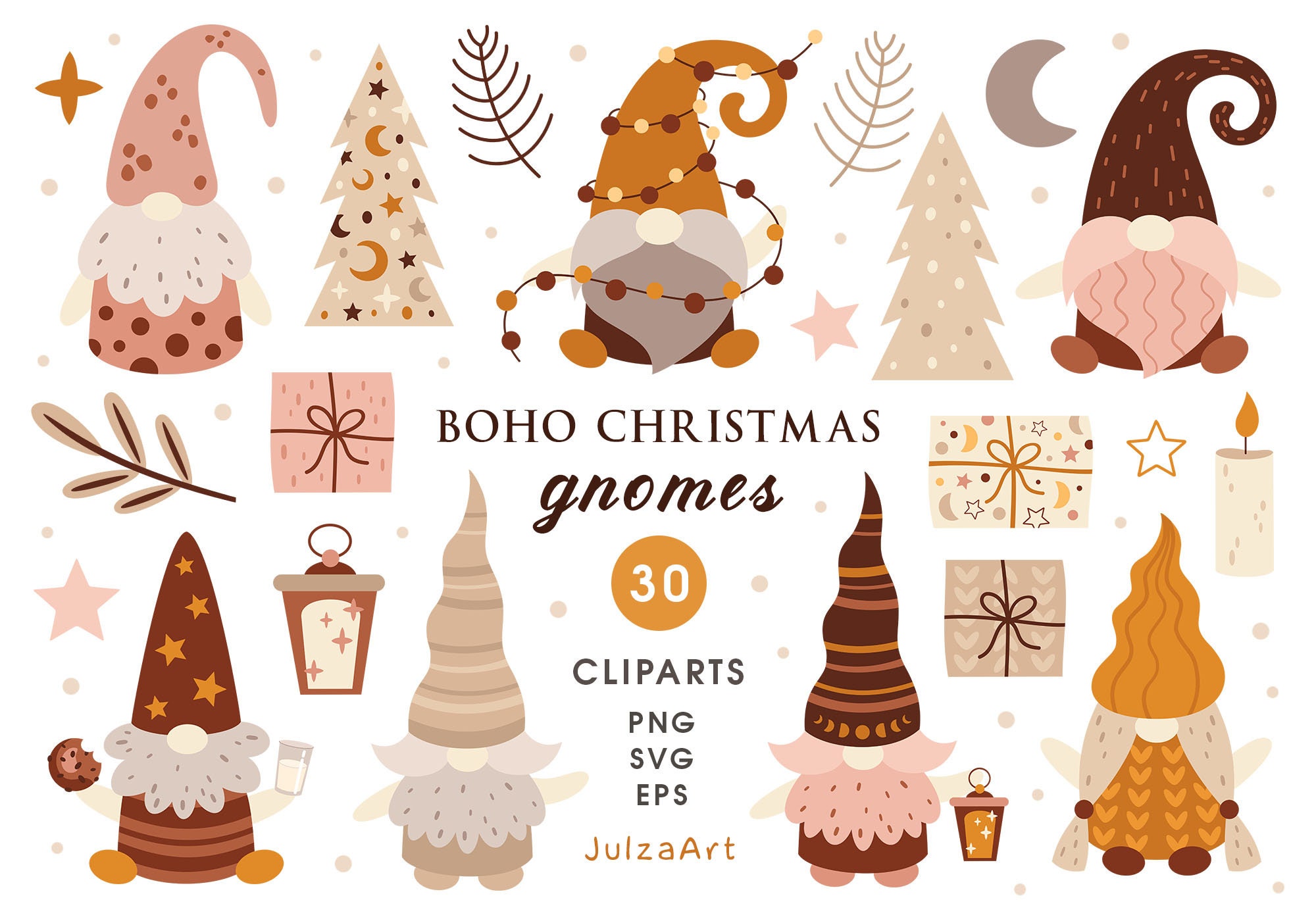 Boho Christmas Gnome Clipart: Holiday, Pastel New Year PNG SVG (digital ...
