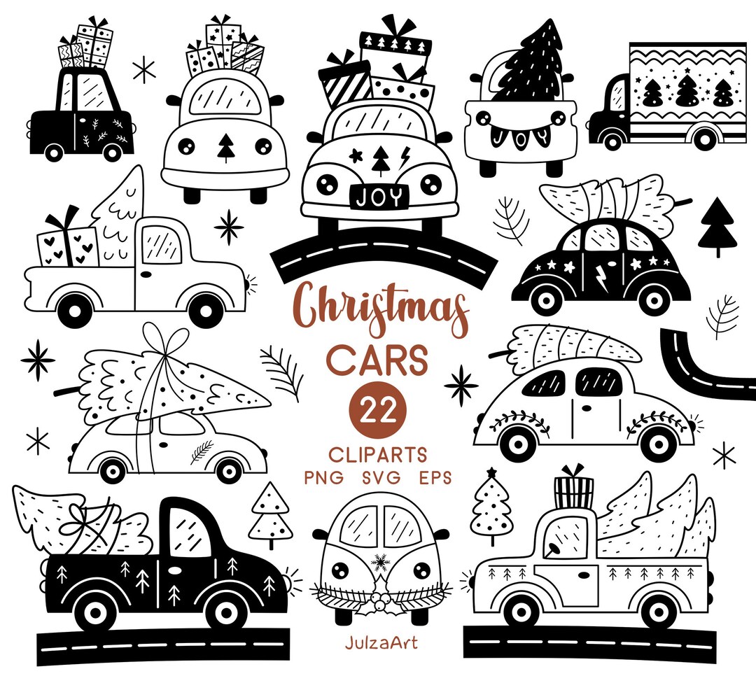 Black Christmas Car Clipart: Retro Truck SVG, Merry Christmas Tree PNG ...