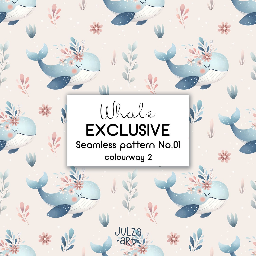 Exclusive Pattern, Watercolor Whale Seamless Pattern, Whale Digital ...