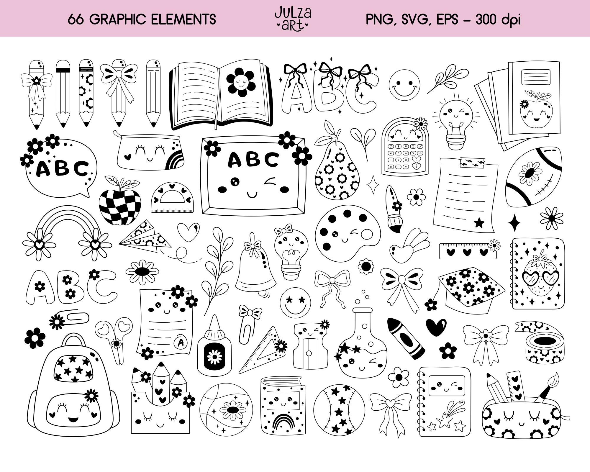 Retro Back to School Clipart: Groovy Black and White School Supplies ...