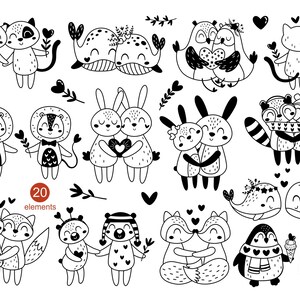 Animal Valentines Clipart, Valentines Day Svg, Black and White Animal ...