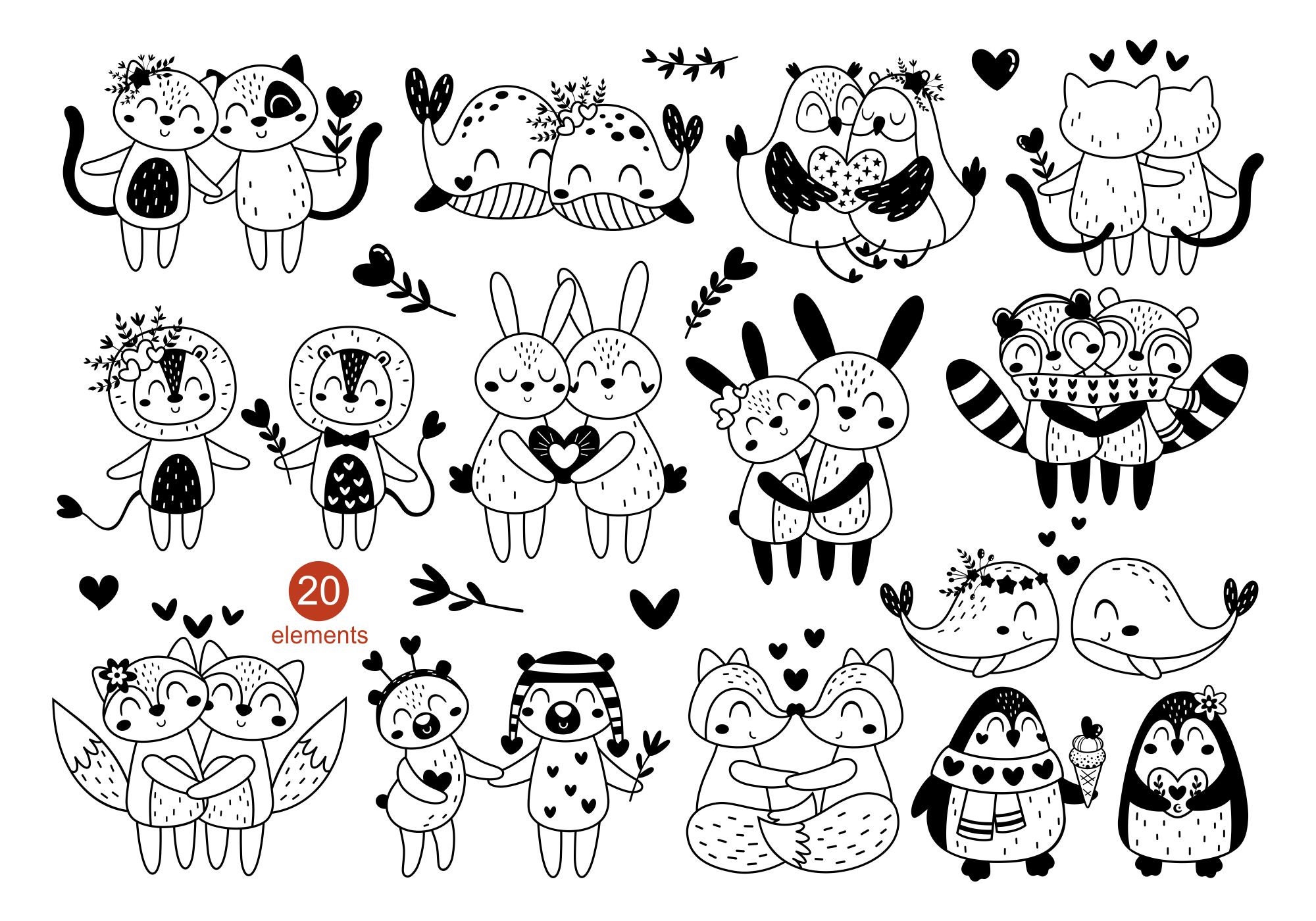 Animal Valentines Clipart, Valentines Day Svg, Black and White Animal ...
