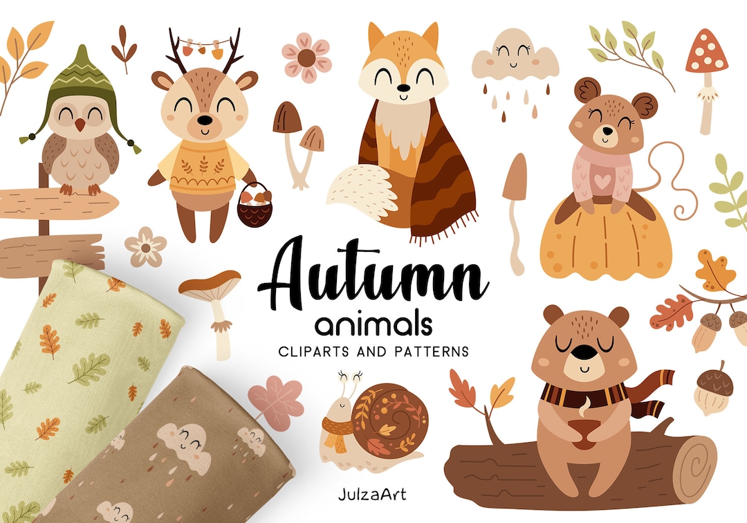 Autumn Animals Clipart, Cozy Fall Svg, Fall Seamless Pattern, Cute ...