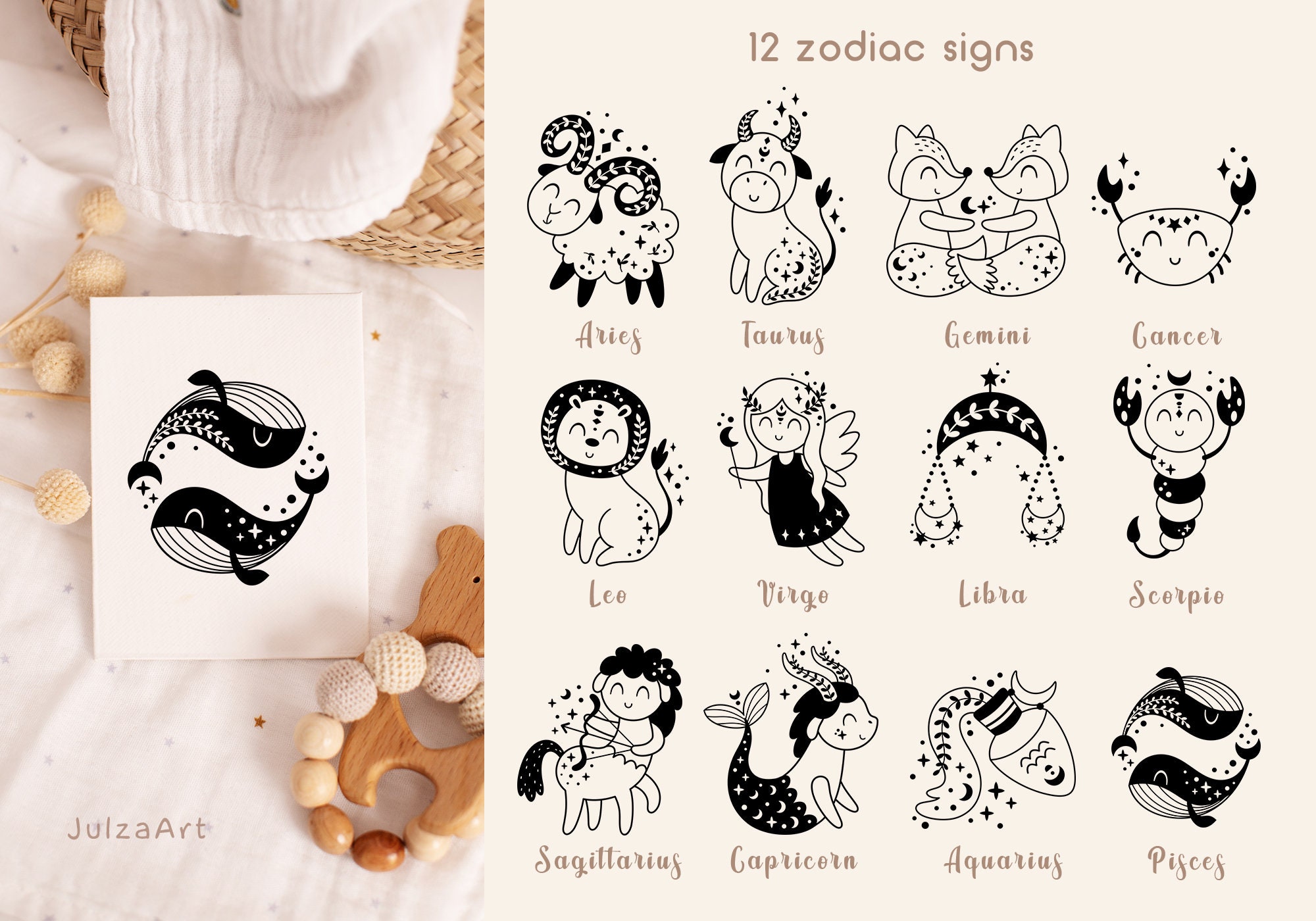 Zodiac Svg Black Zodiac Signs Clipart Cute Horoscope for - Etsy