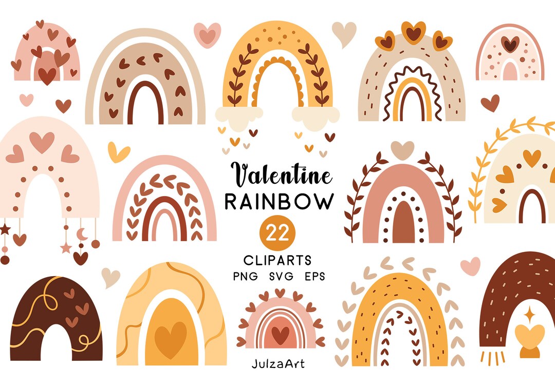 Boho Valentine Rainbow Clipart: Valentines Day PNG, Love SVG, Romantic ...