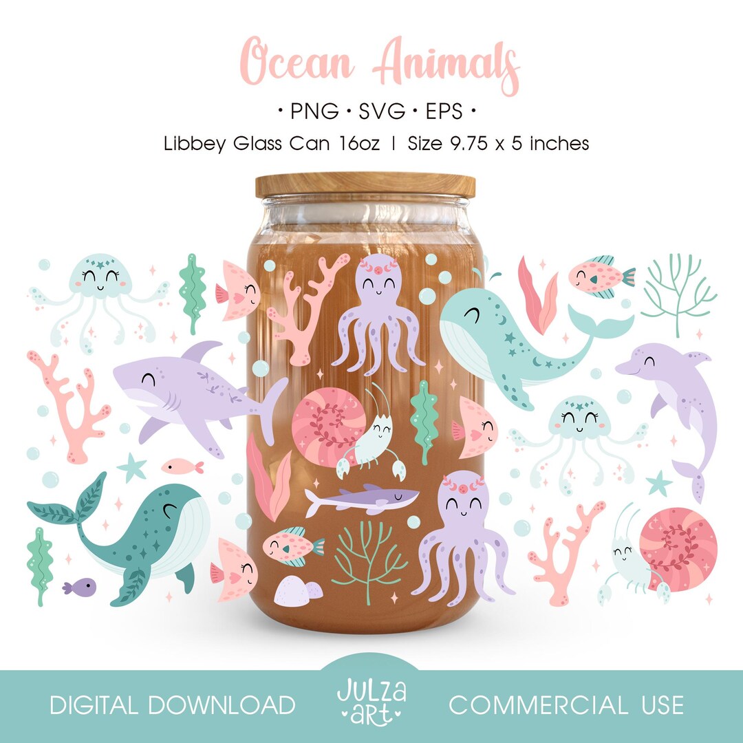 Ocean Animals 16oz Glass Can Wrap PNG Cute Sea Animal Cup Wrap SVG ...